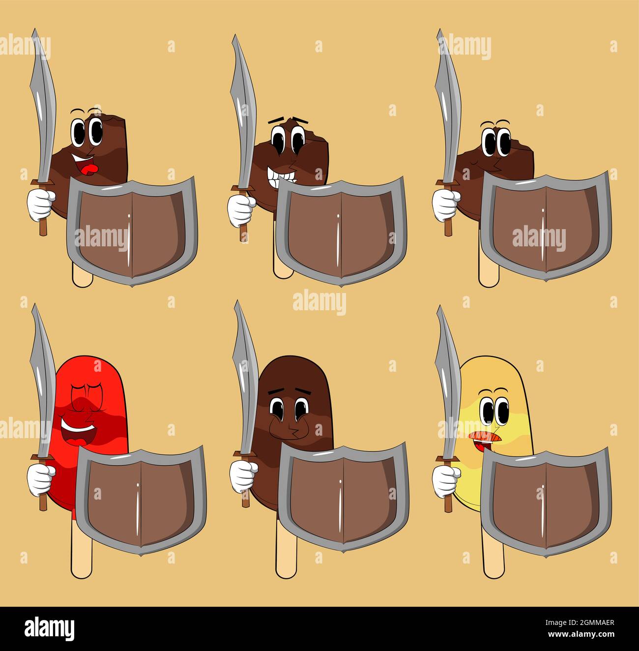 Ice Cream holding a sword and shield. Summer refreshment, sweet food as ...