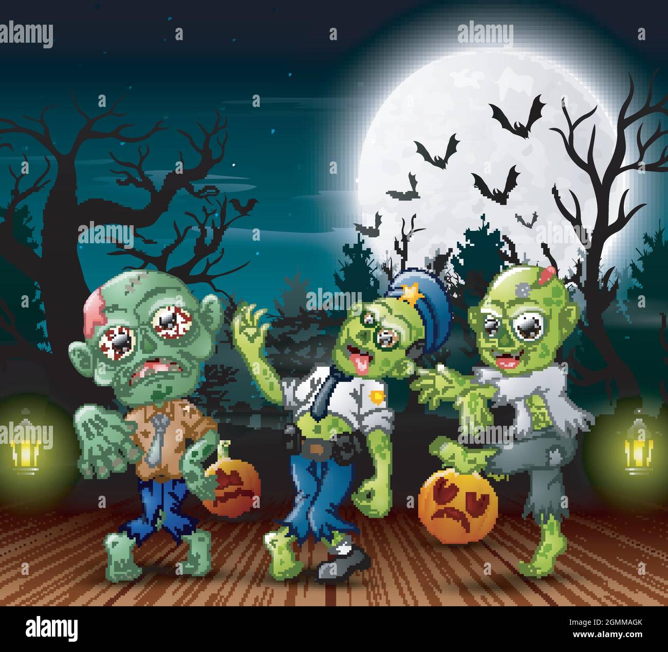 Cartoon of three zombie with fill moon background at night Stock Vector ...