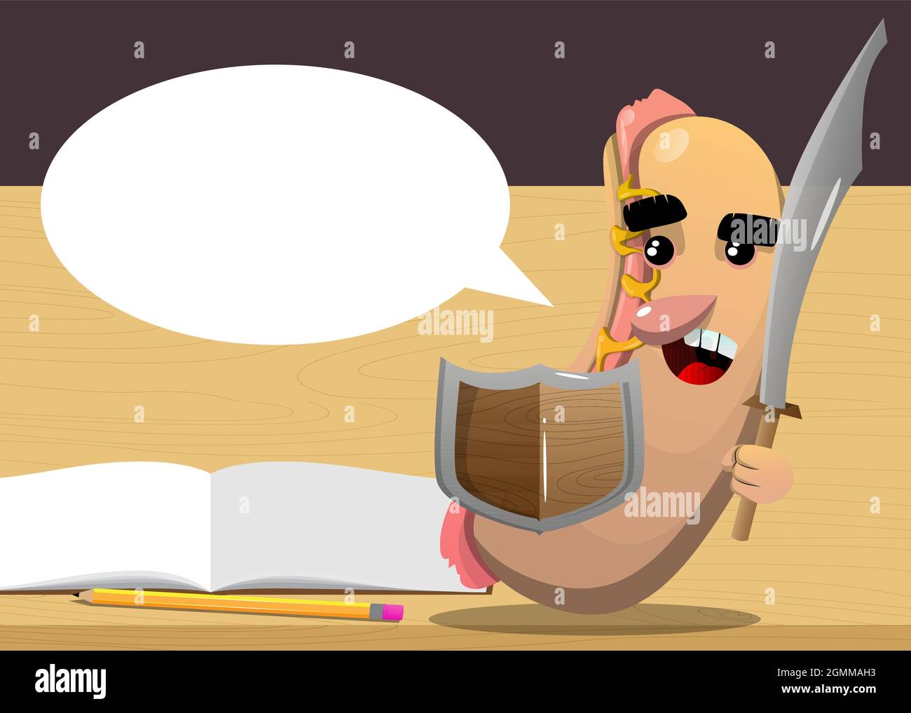 Hot Dog holding a sword and shield. American fast food as a cartoon ...