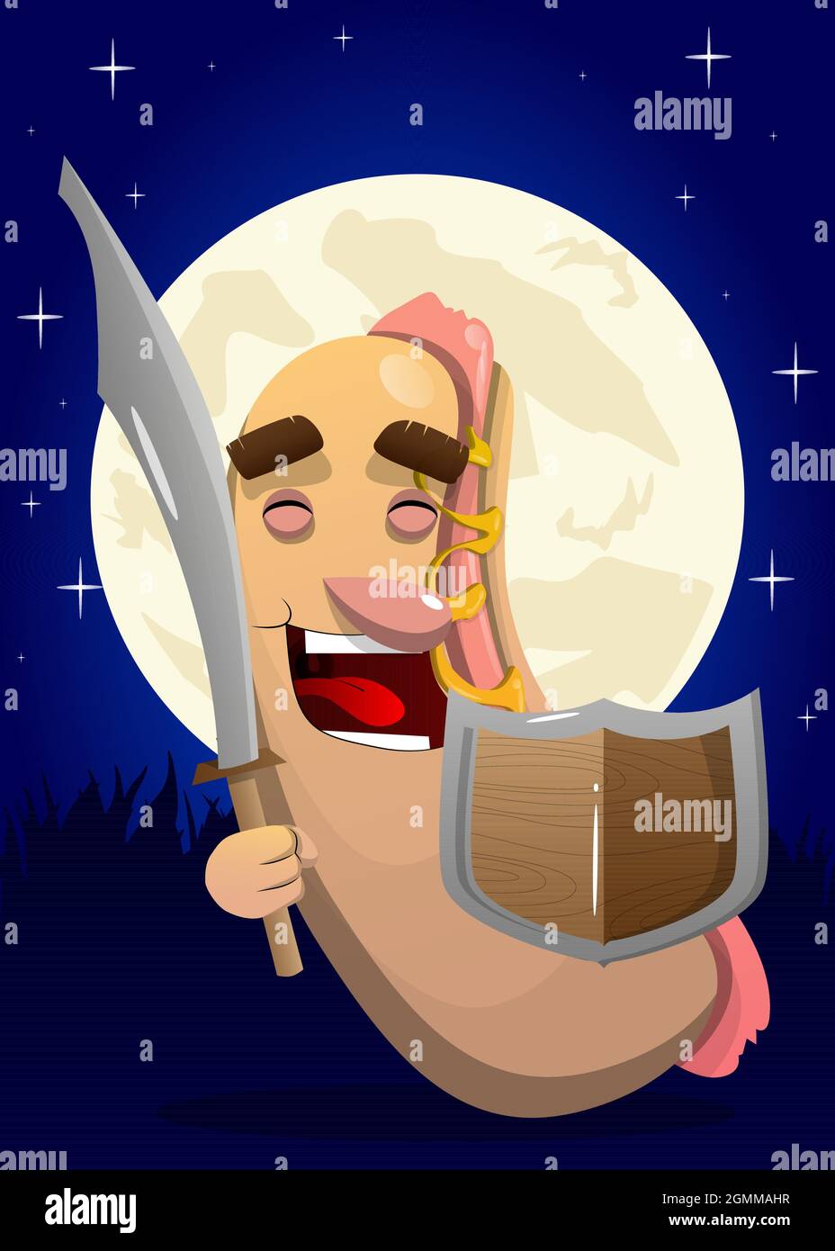 Hot Dog holding a sword and shield. American fast food as a cartoon ...