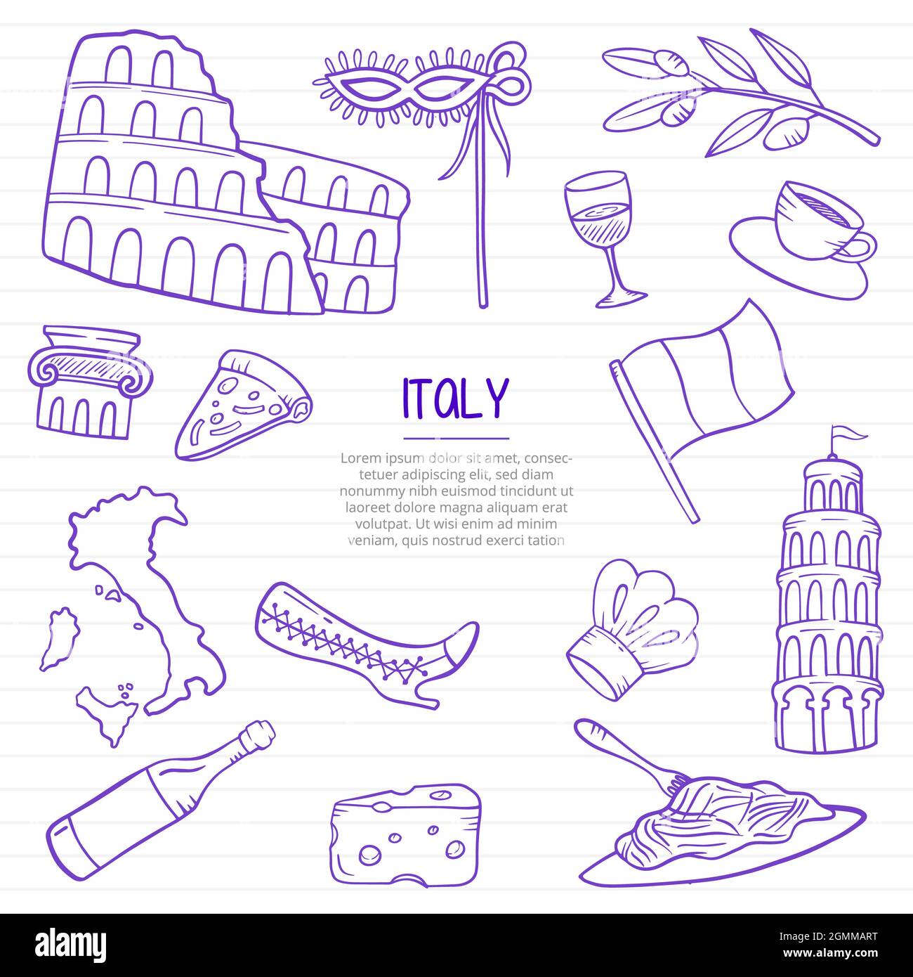 italy nation or country doodle hand drawn with outline style on paper ...