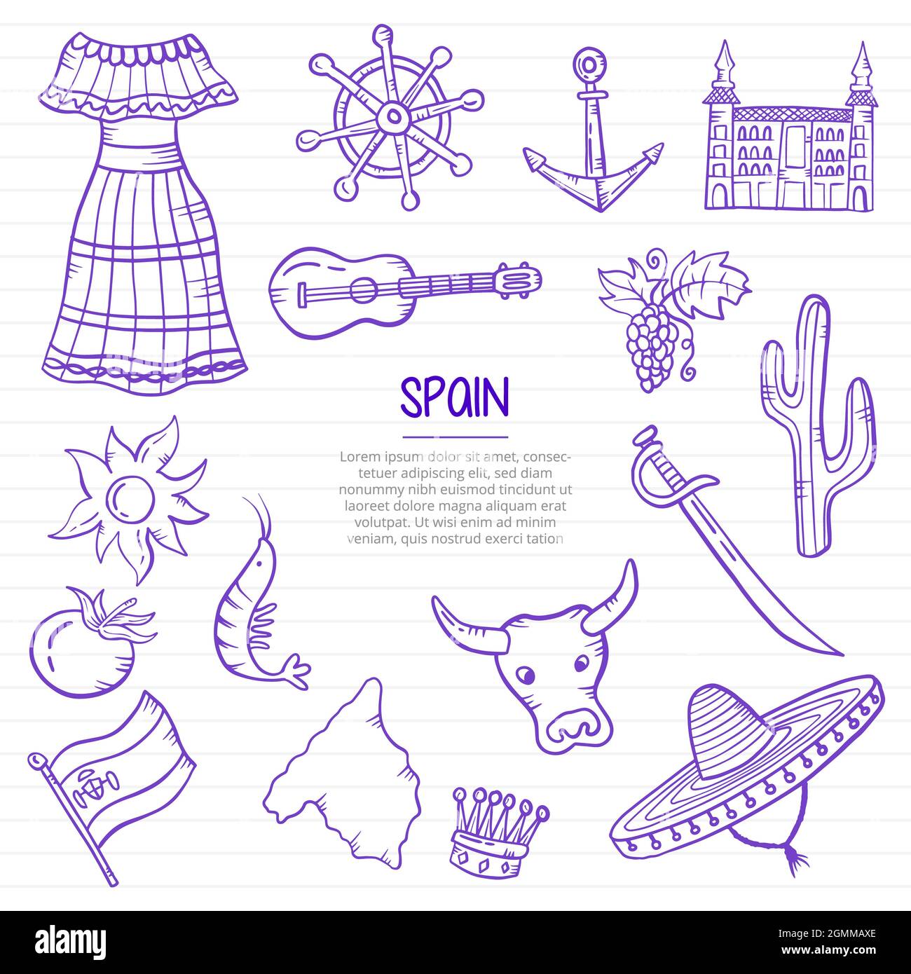 spain nation or country doodle hand drawn with outline style on paper ...
