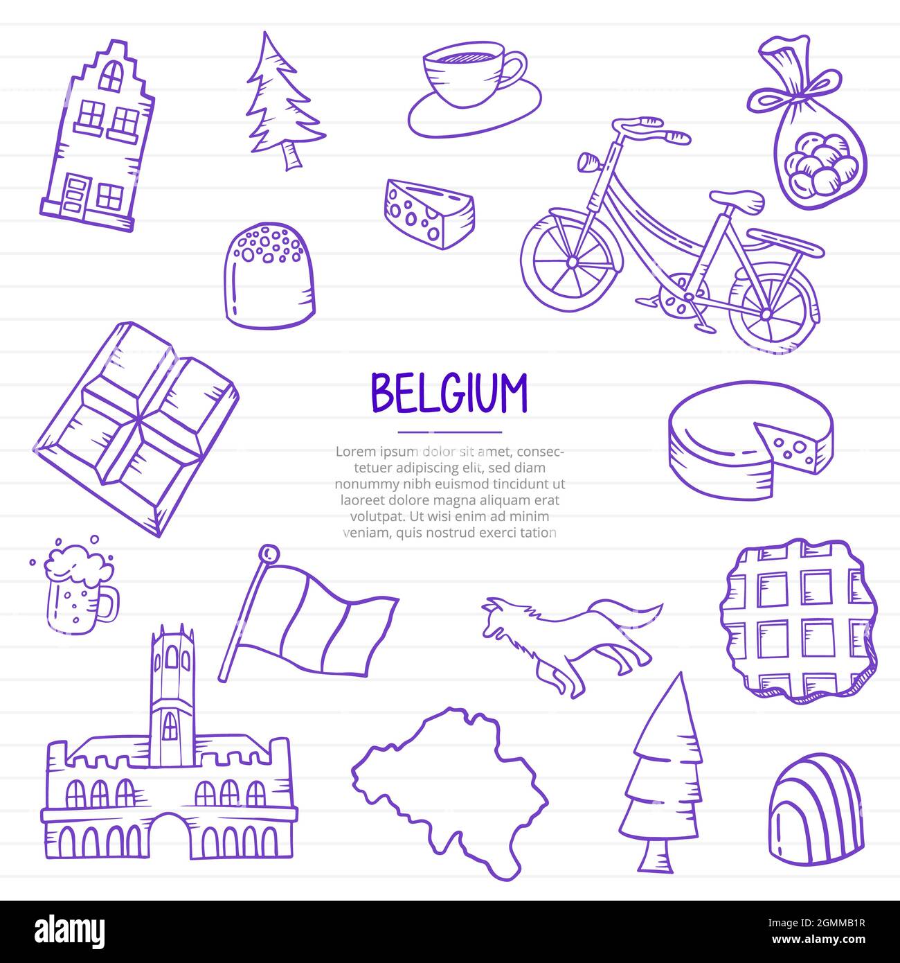belgium or belgia nation or country doodle hand drawn with outline ...