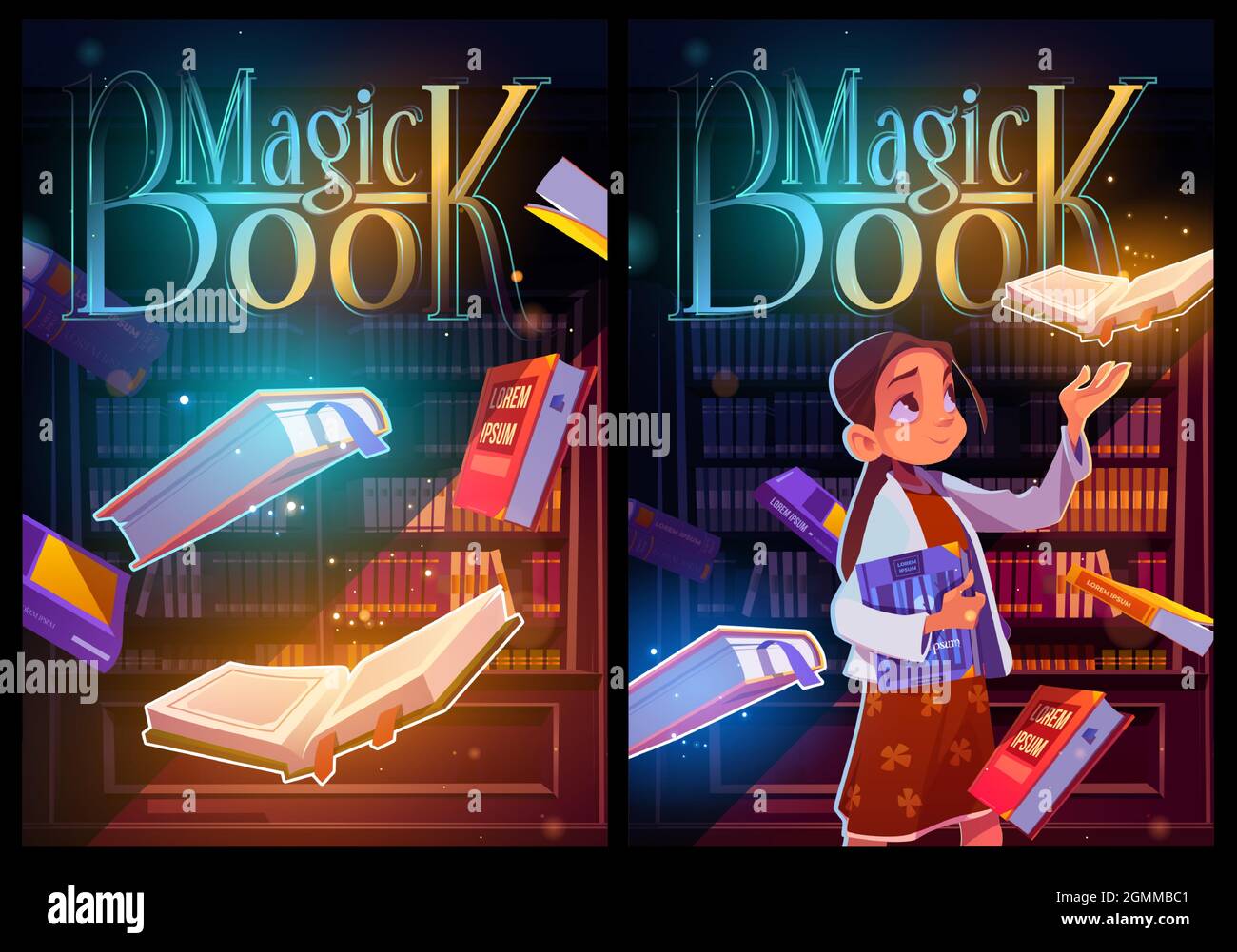 Magic book cartoon posters, young girl in night library or reader club ...