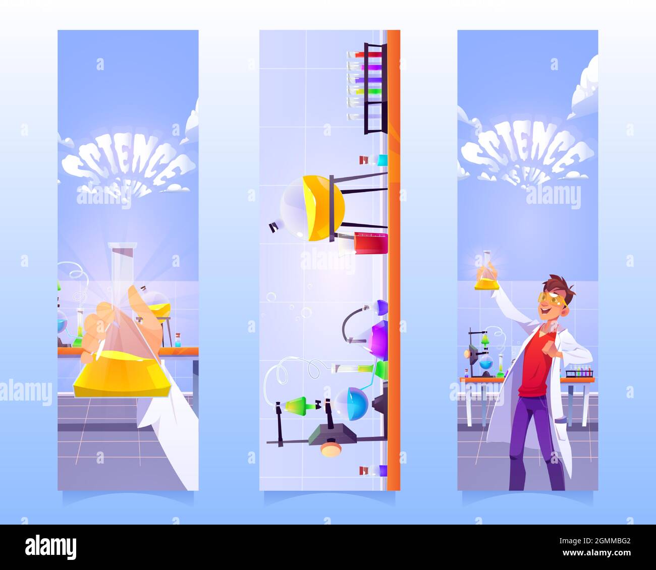 Bookmarks with man with flask in chemical laboratory. Vector vertical ...