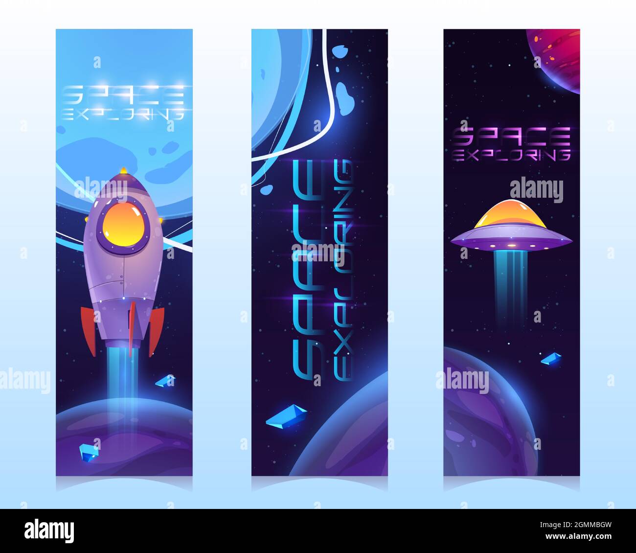 Space exploring cartoon vertical banners, alien ufo saucer, astronaut ...