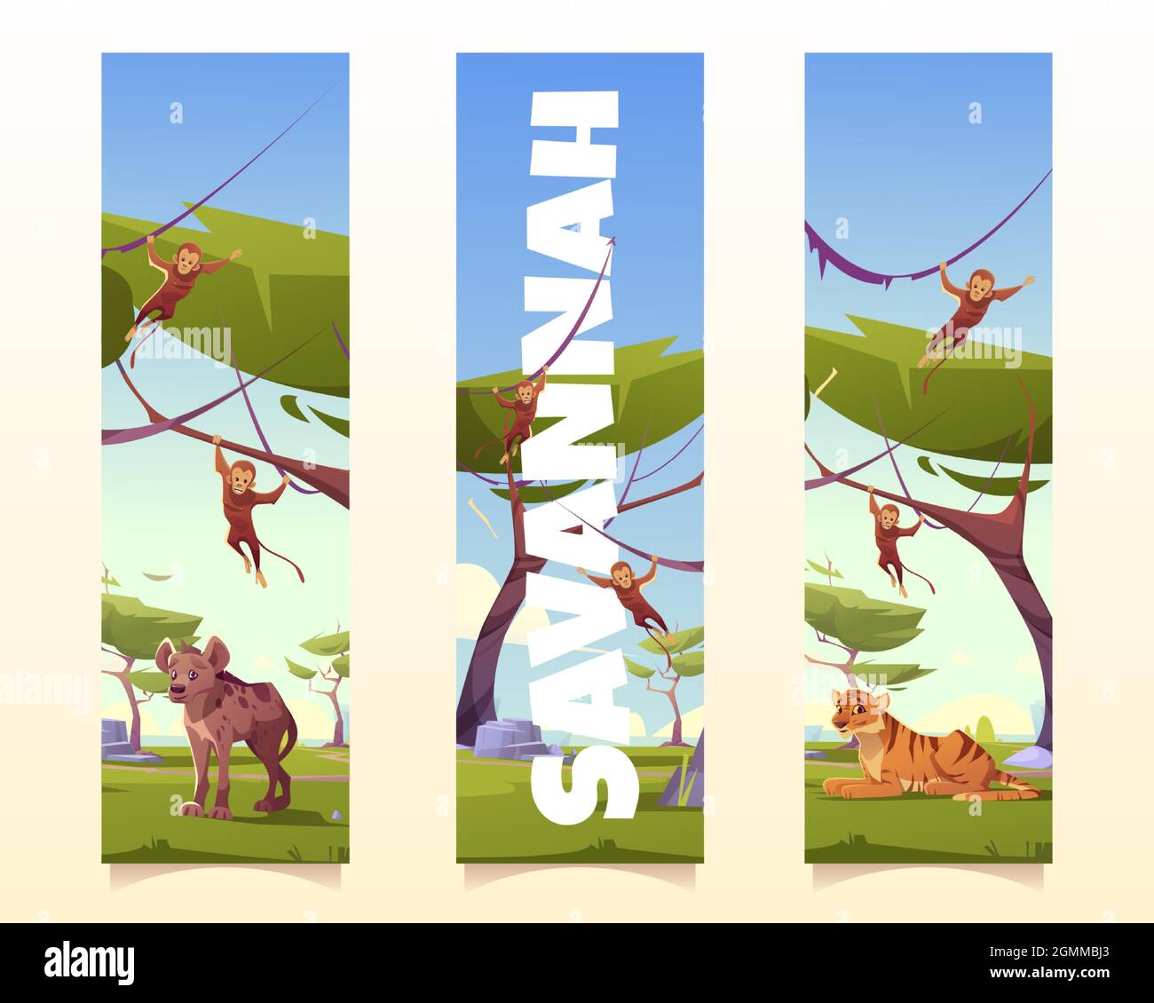 Savannah animals cartoon vertical banners or bookmarks, wild tiger ...