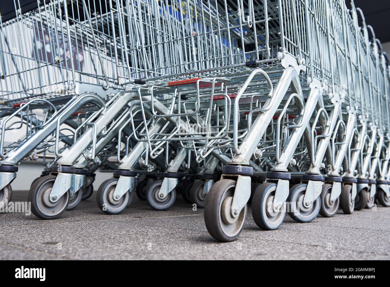Many empty shopping carts on the shop parking. Row of shopping trolleys for supermarket buyers ...