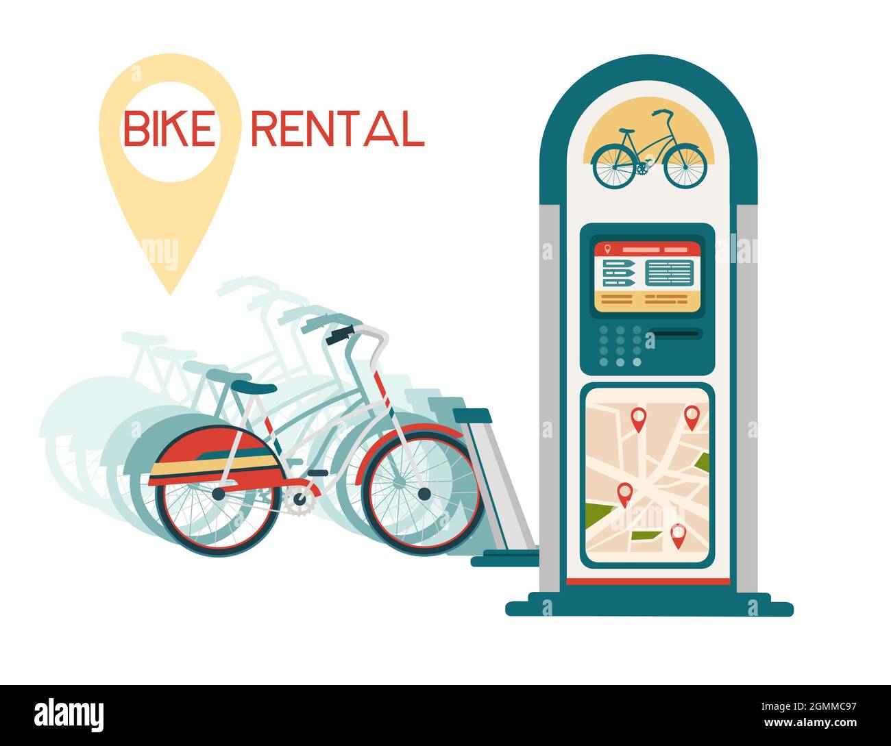 Bike rental dock station with modern city electric bike vector illustration on white background ...