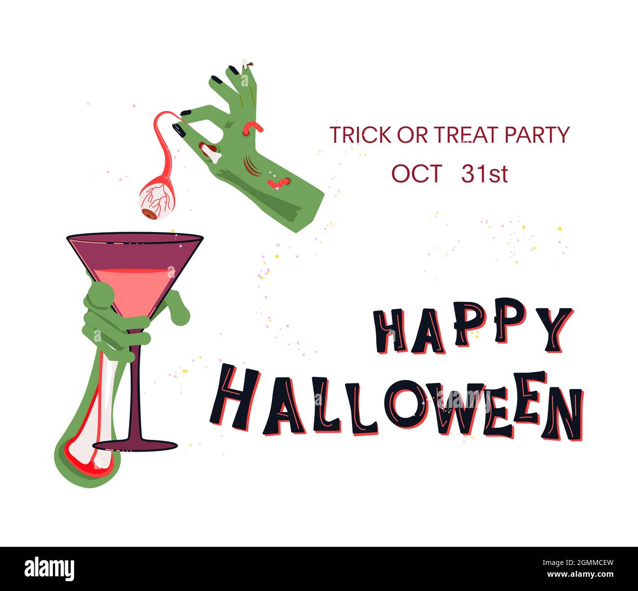 Halloween Party poster. Lettering, dead zombie hand holding bloody ...