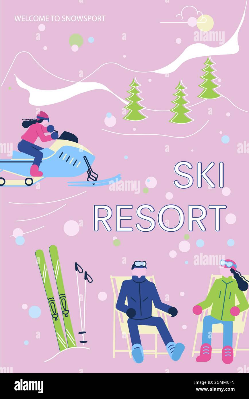 Ski Resort banner with people have relax and snowsport fun. Flat Art ...
