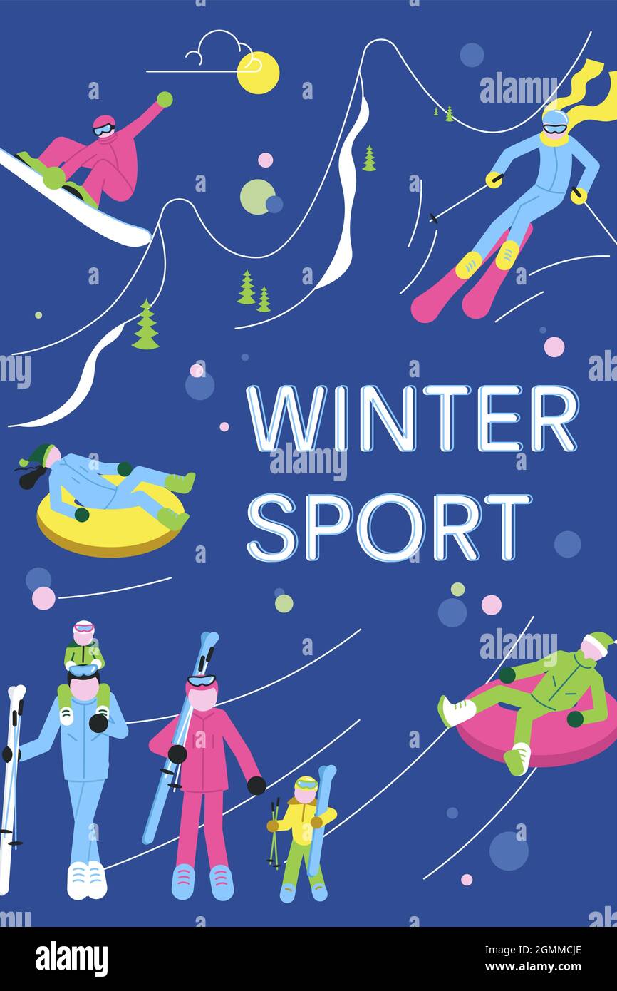 Winter Sport banner with skiiers, snowborders and snowsport fun. Flat ...