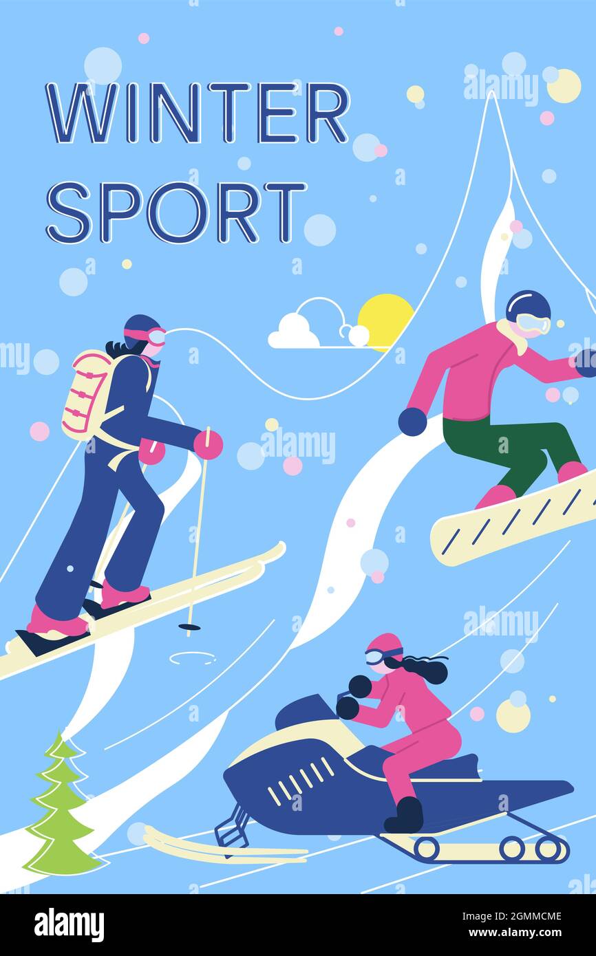 Winter Sport banner with skiiers, snowborders and snowsport fun. Flat ...