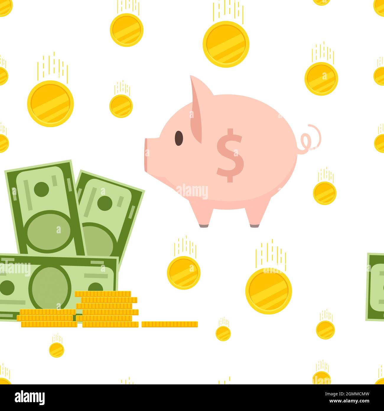 Seamless pattern pink piggy bank with paper dollars vector illustration ...