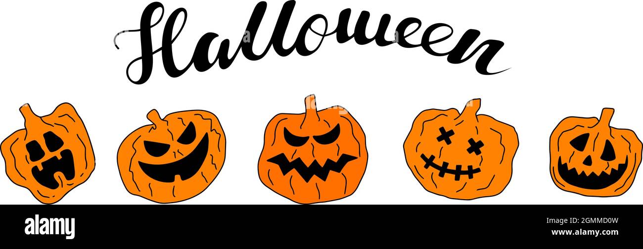Set of halloween angry faces pumpkins with lettering text Stock Vector ...