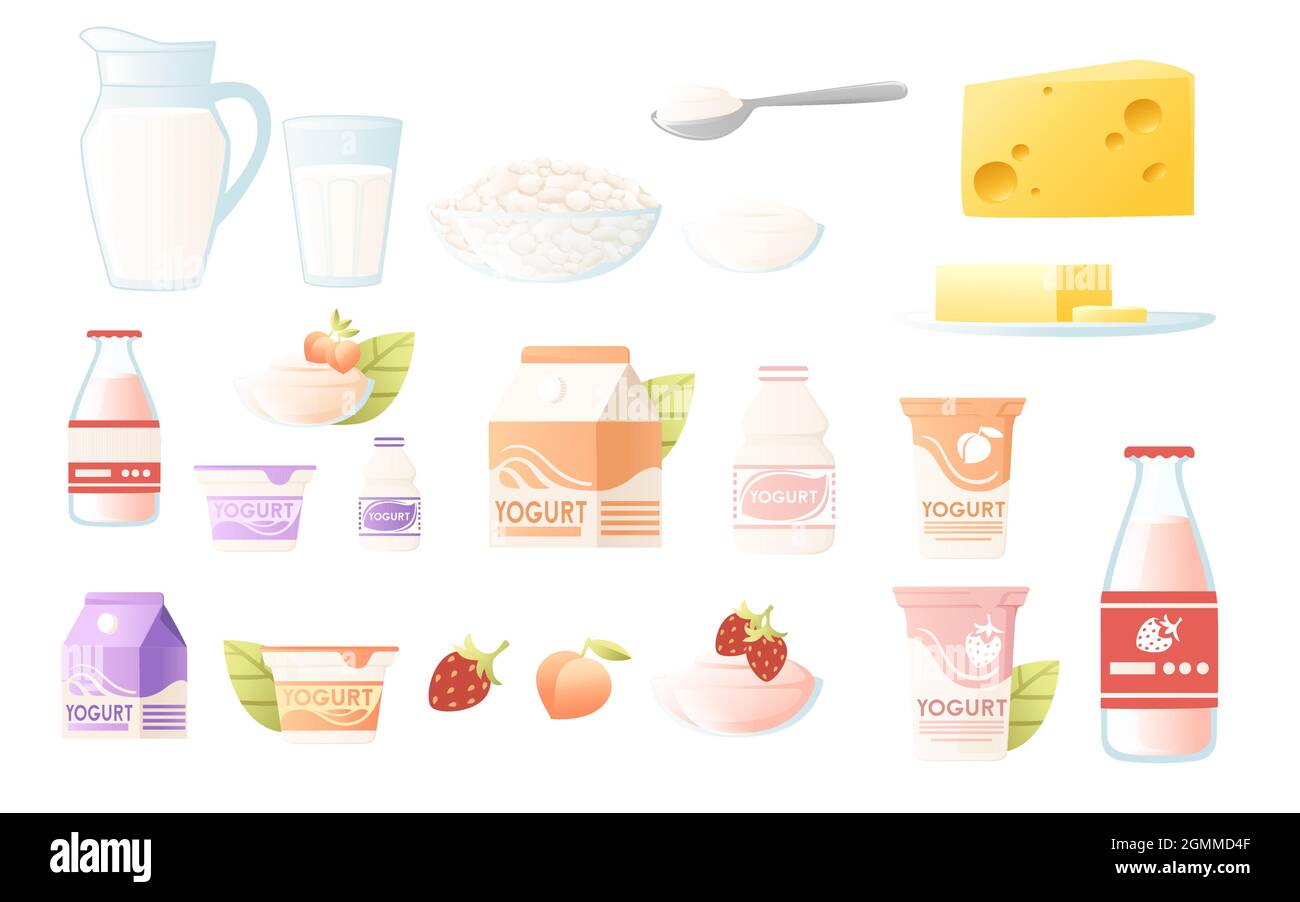 Set of different types of dairy product packaging cardboard plastic or ...