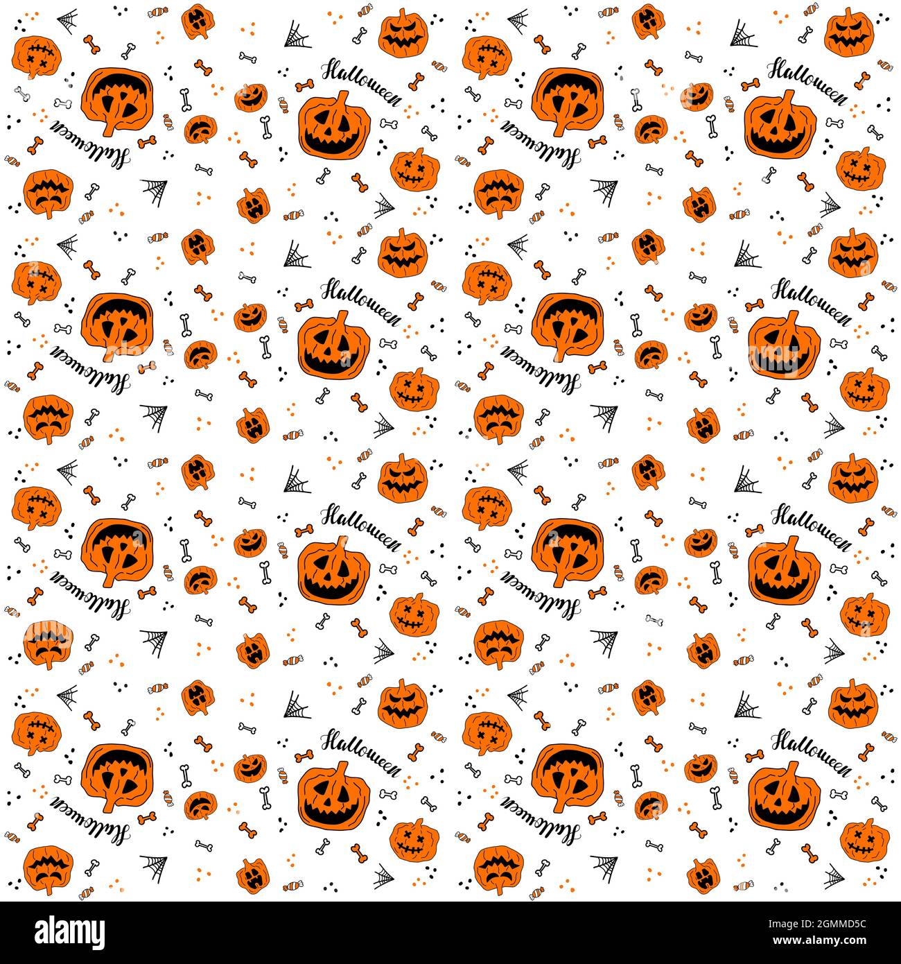 Pattern of halloween angry faces pumpkins, bones and sweets with ...