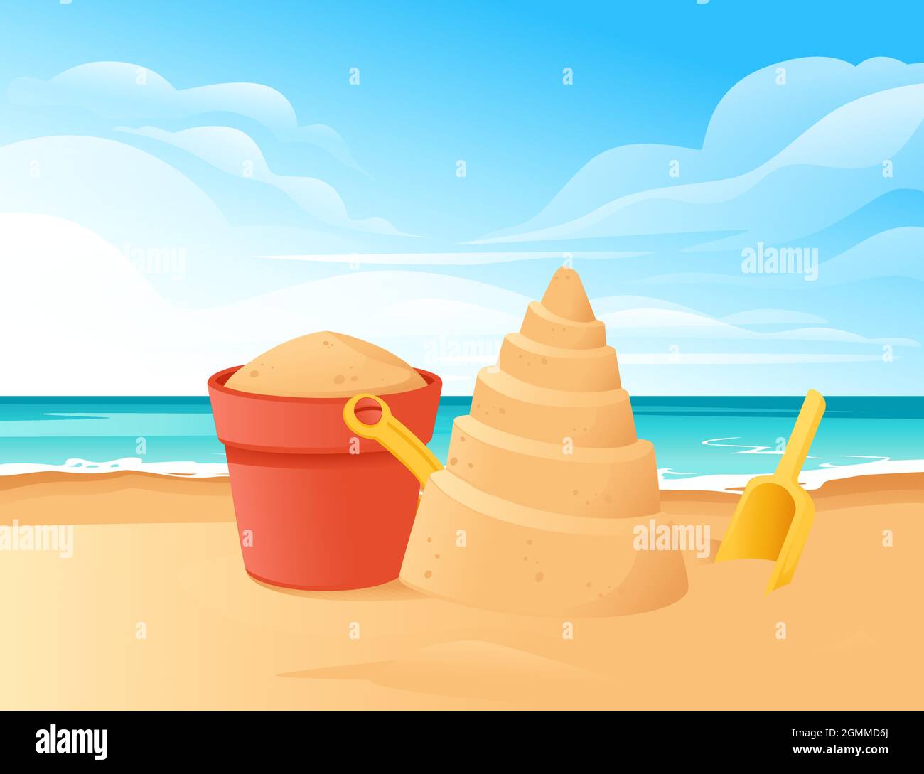 Sand tower on the beach happy childhood hobby building with sand shovel ...