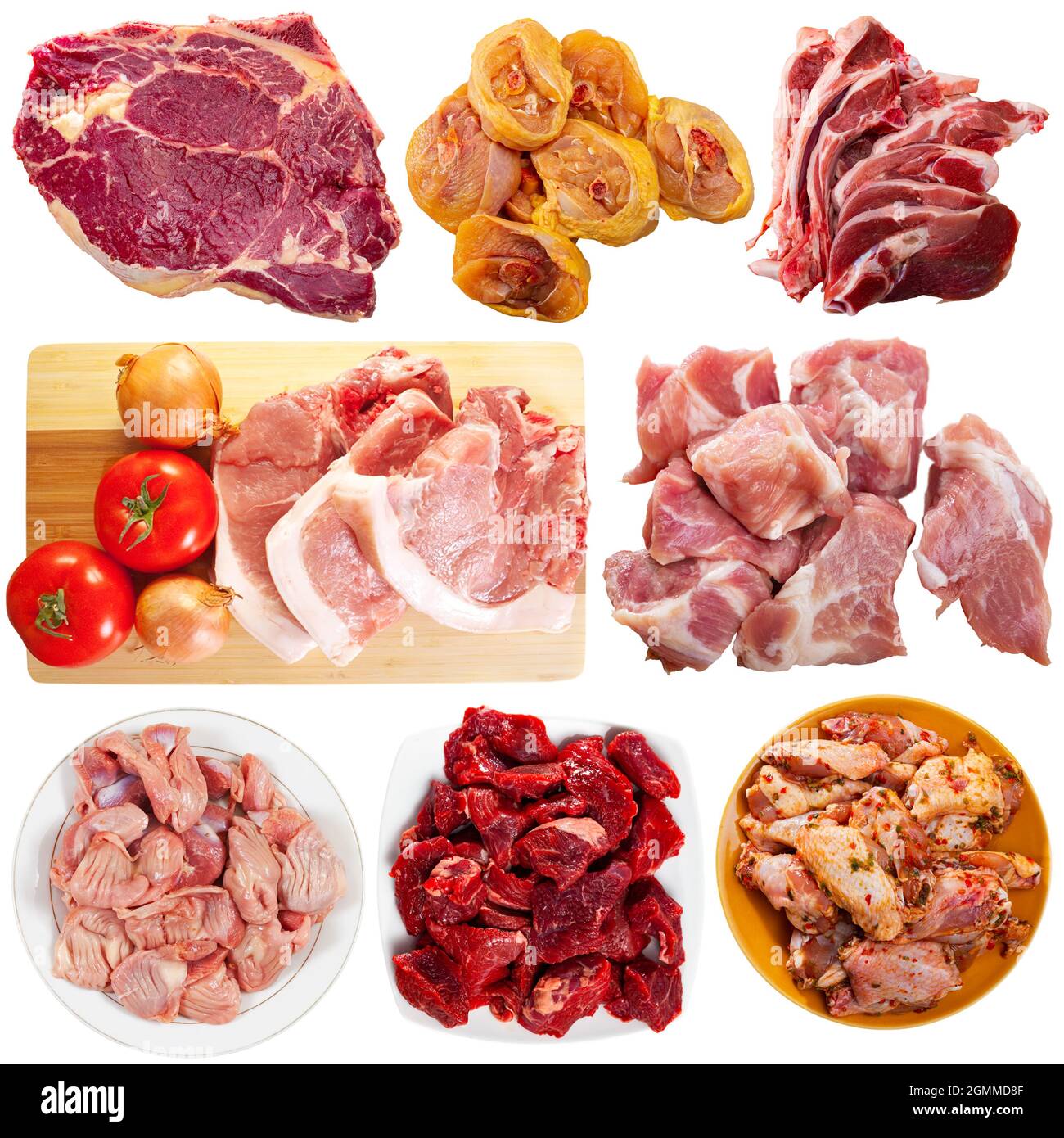 Collection of raw meat products isolated on white Stock Photo - Alamy