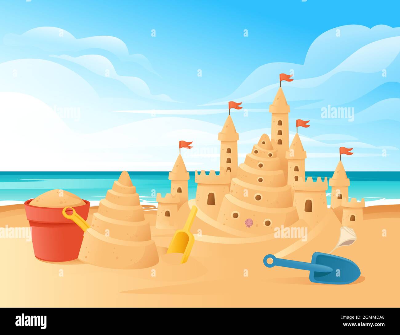 Sandcastle on the beach happy childhood hobby building with sand shovel ...
