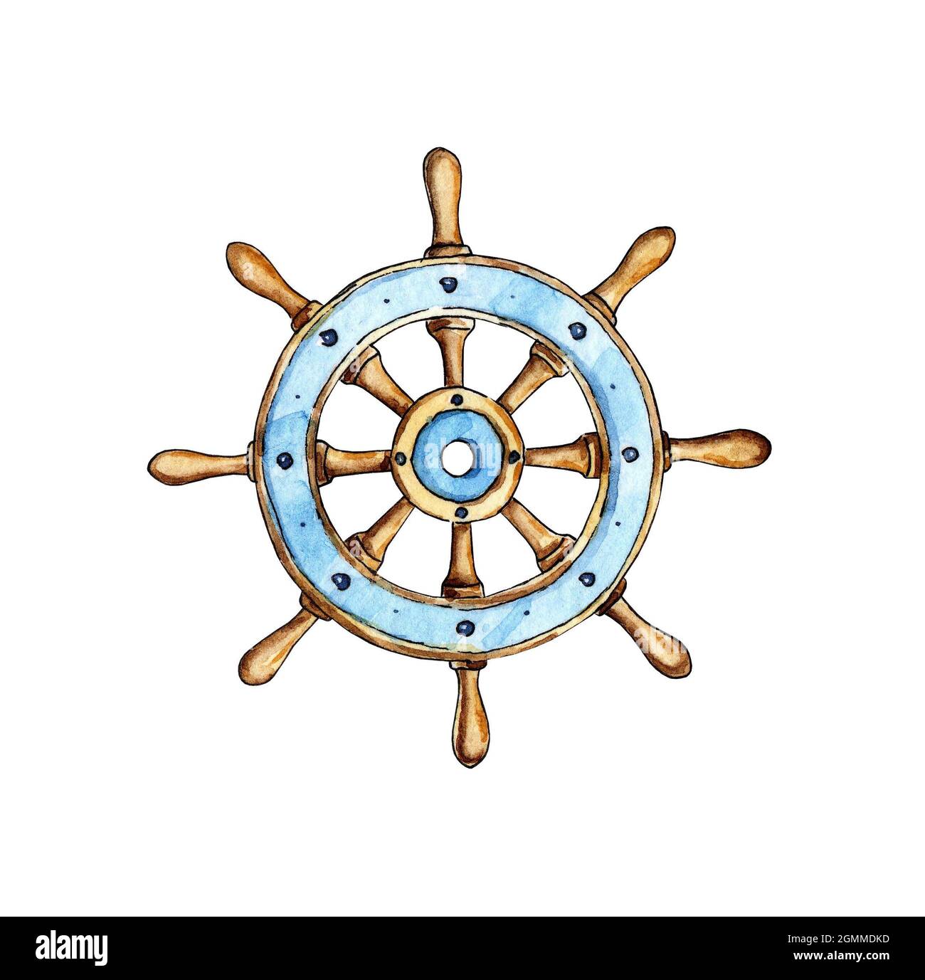 Watercolor illustration of a vintage wooden and steering wheel of a ...