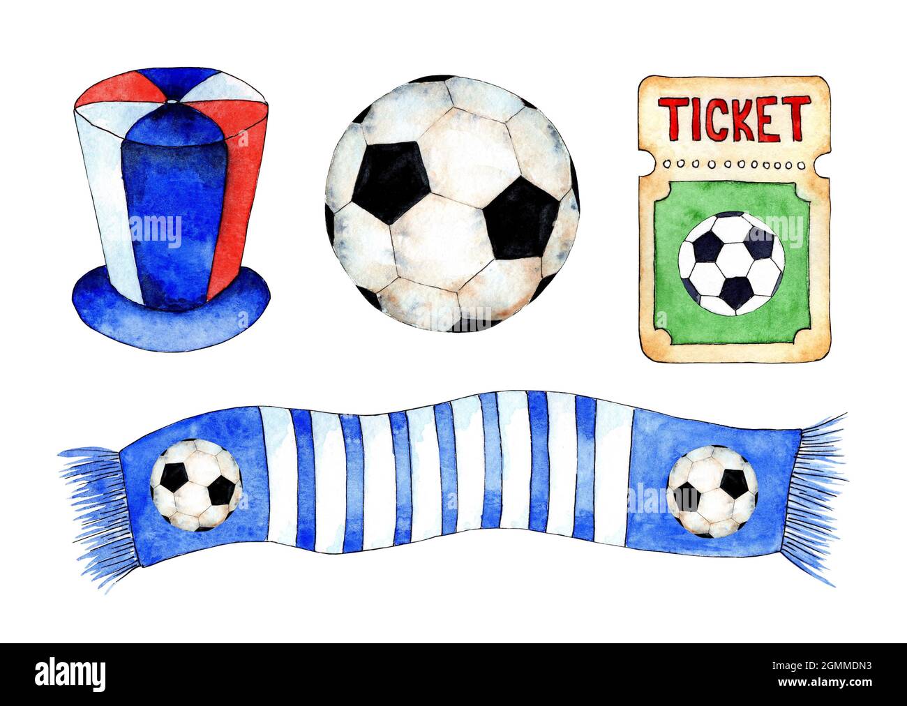 Set of watercolor illustrations of a soccer fan. Fan hat, scarf, ball ...