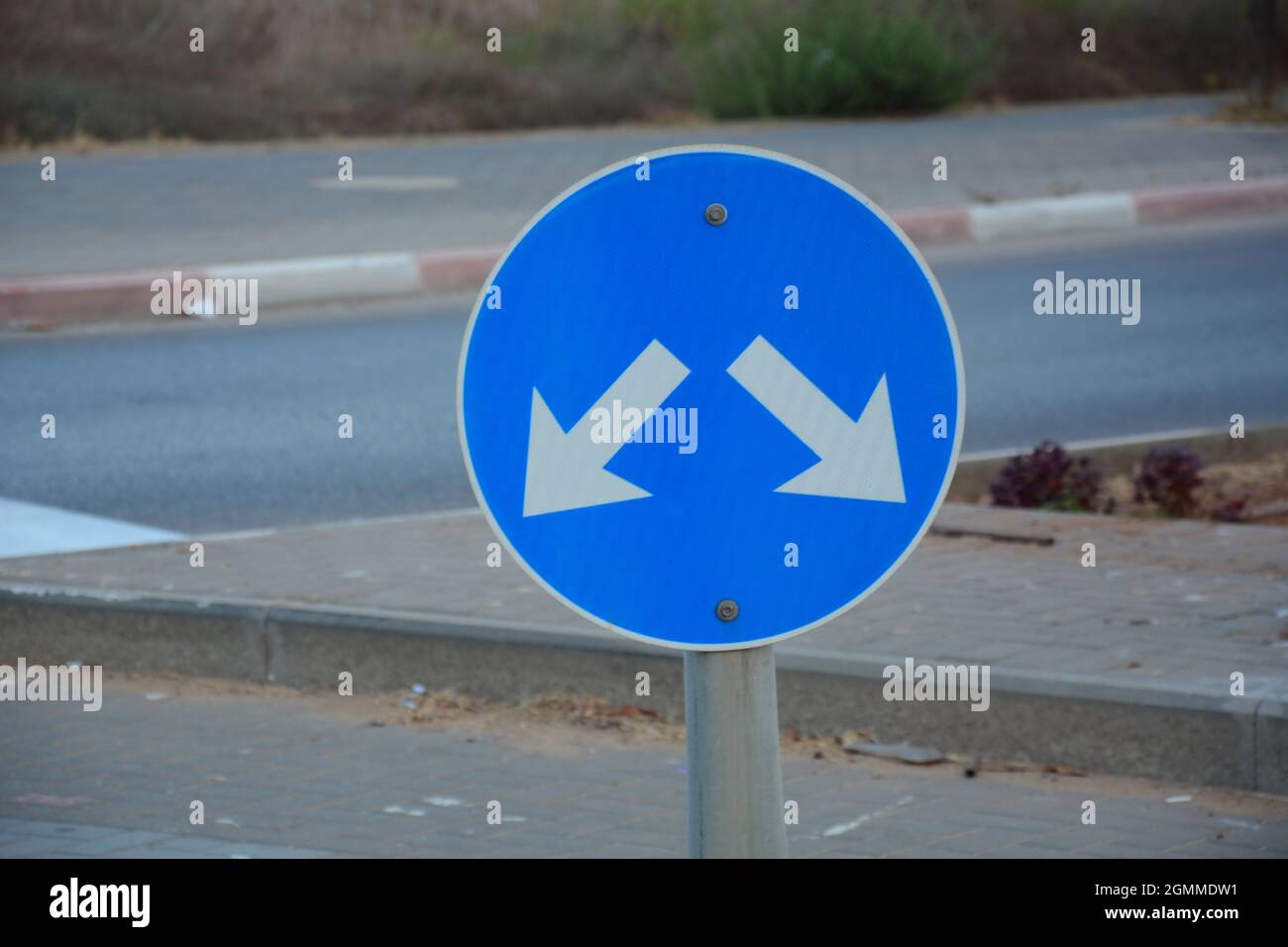 Traffic direction sign 'Pass either side'. Pass designated place on ...