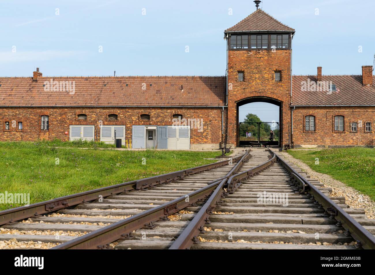 Auschwitz, Poland - 15 September, 2021: view of the gatehouse and train ...