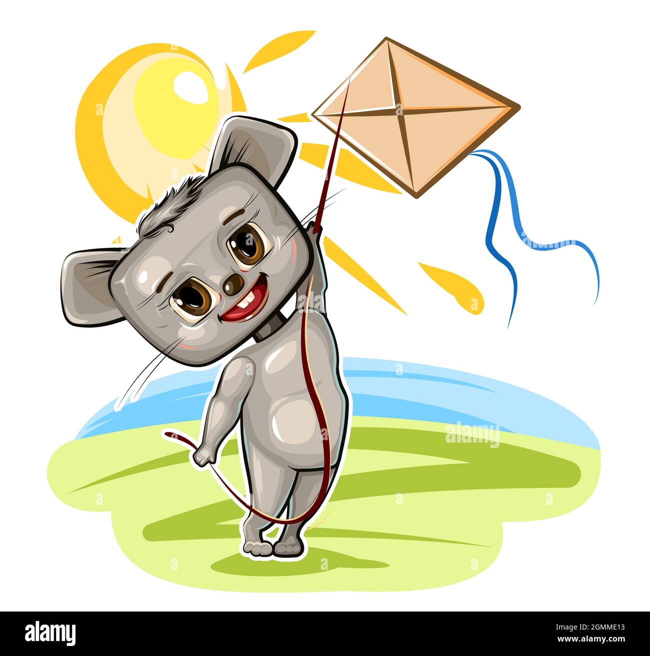 A little Mouse flying a kite. Favorite childhood game. Cartoon style ...