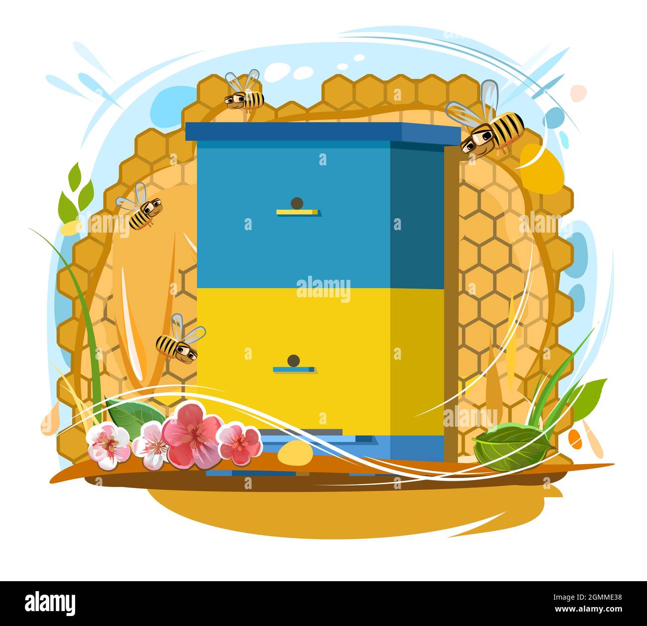 Apiary. Rural farm landscape with bee hive in a summer meadow. Bee ...