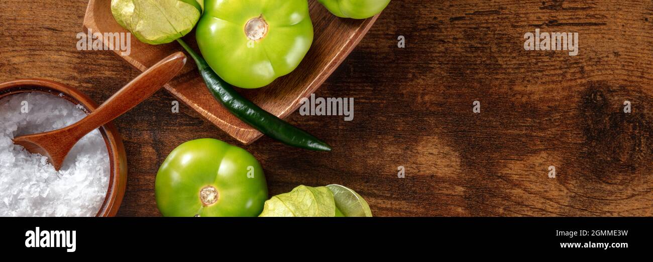 Tomatillos, green tomatoes, panorama with a place for text. Mexican ...