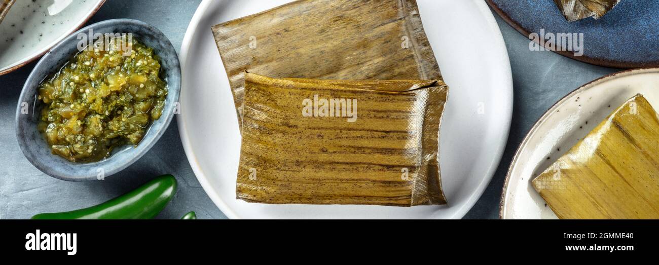 Tamales panorama. Traditional dish of Mexican cuisine, shot from above ...