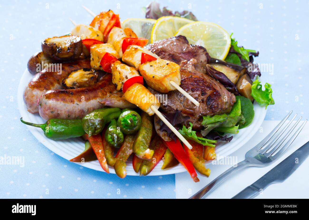 Bulgarian meshana scara with different cooking meat and vegetables ...