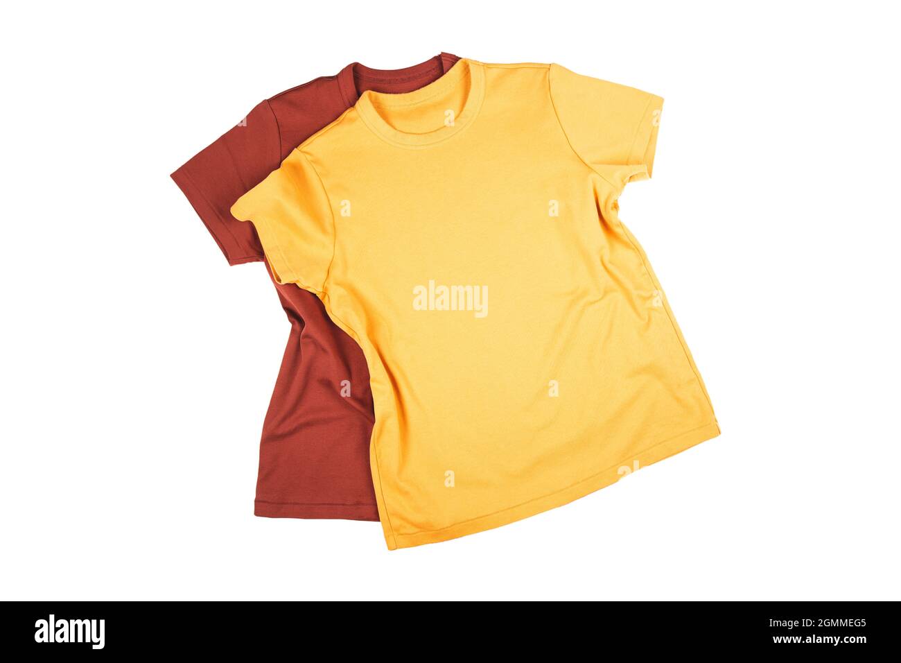 T-shirt mockup on white isolated background. Red and yellow bright t ...