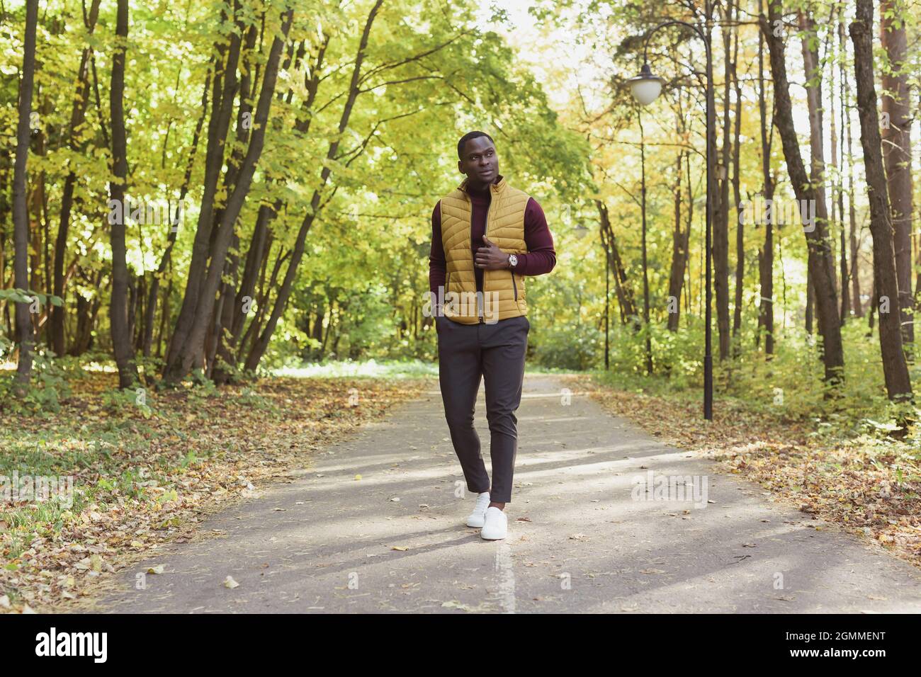 African american student walking in the park in autumn season Stock ...