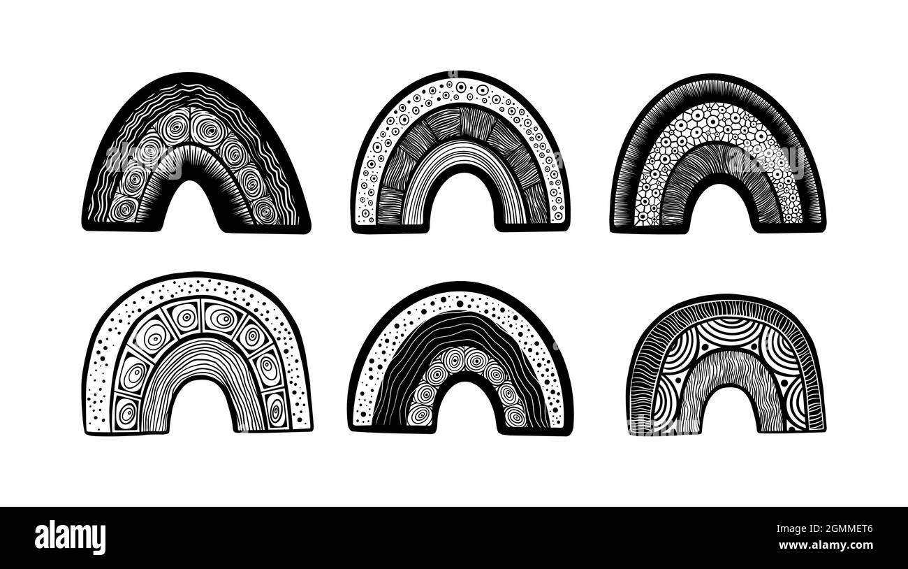 Simple and cute hand drawn rainbows with patterns. Black and white ...