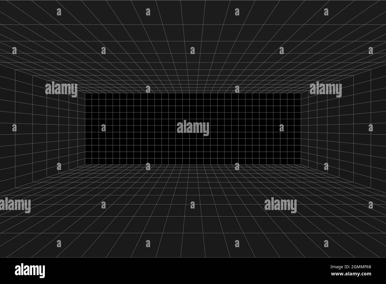 Grid perspective black room. Gray wireframe background. Digital cyber ...