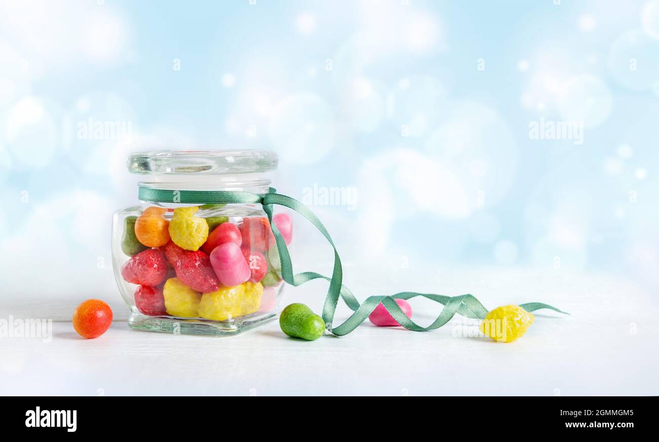 Jar full of assorted colorful chewy candies. Good idea for a gift ...