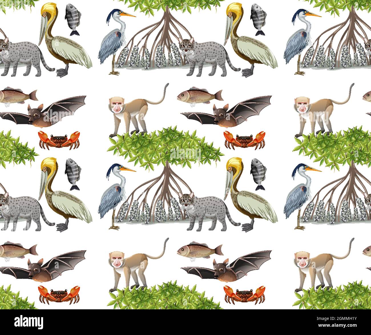 Seamless pattern with various mangrove animals on white background ...