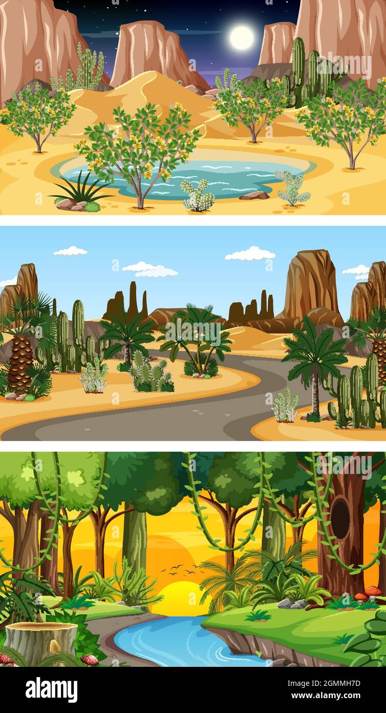 Three different nature horizontal scenes illustration Stock Vector ...
