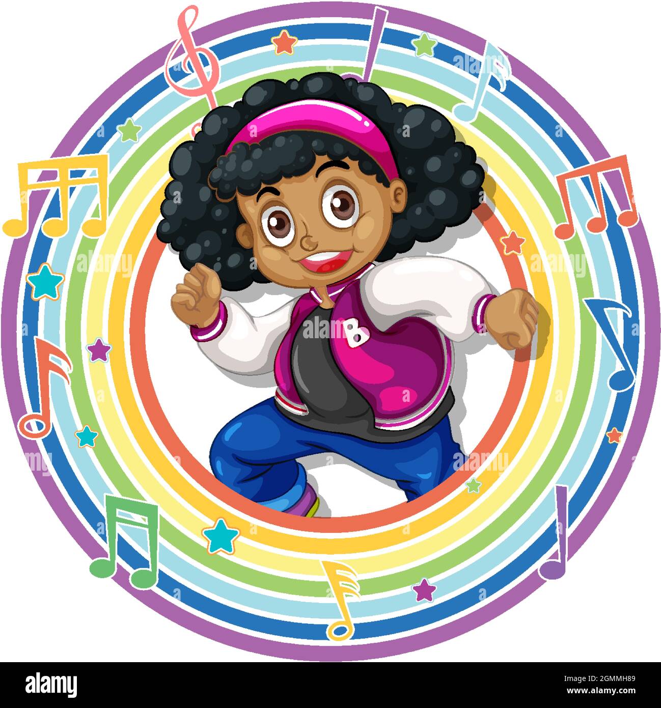 Girl in rainbow round frame with melody symbols illustration Stock ...