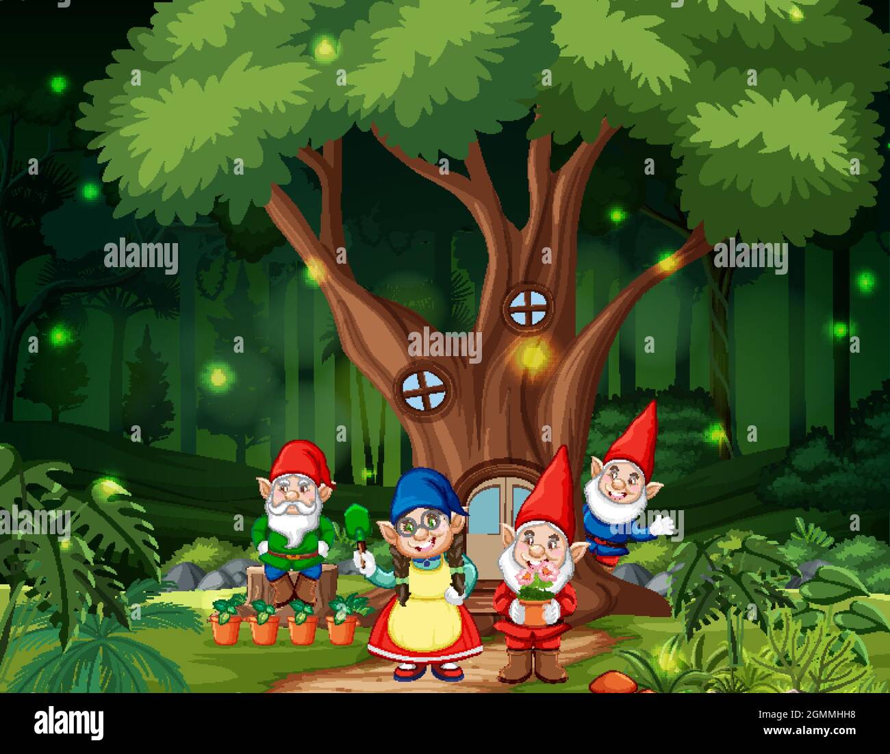Fantasy forest scene with gnome family illustration Stock Vector Image ...