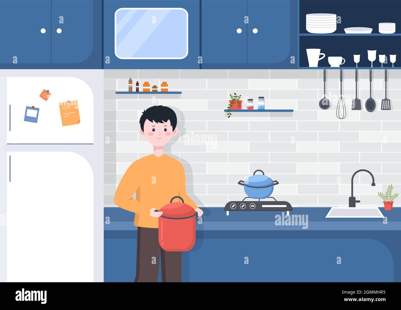 Kitchen Room Background Vector Illustration with Furniture, Equipment ...