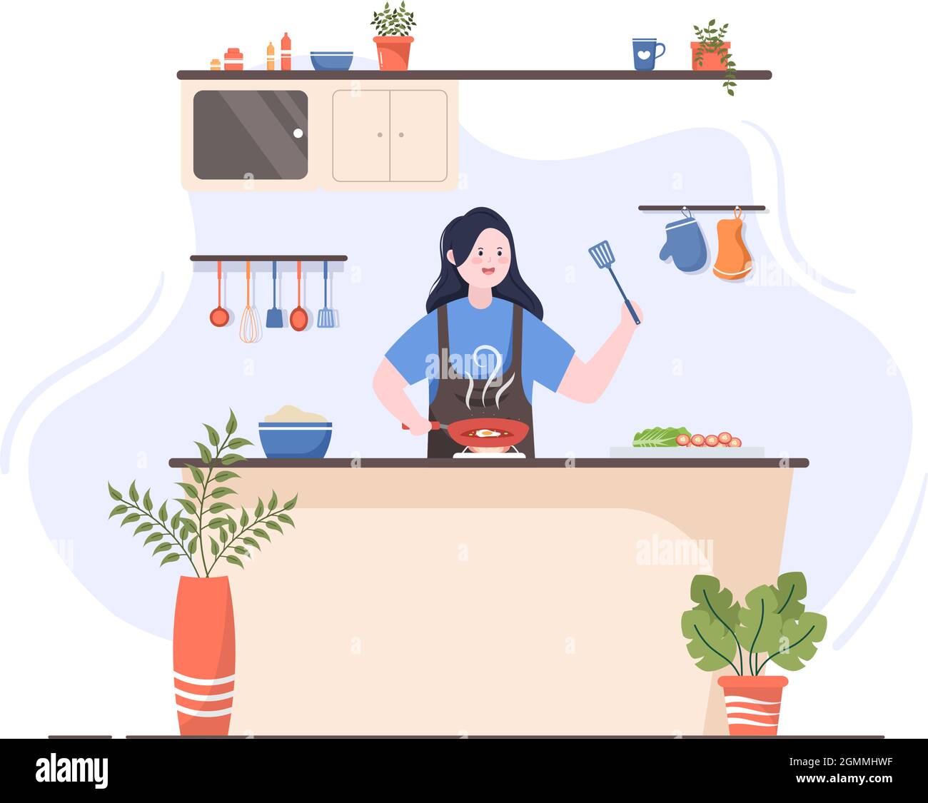 Kitchen Room Background Vector Illustration with Furniture, Equipment ...