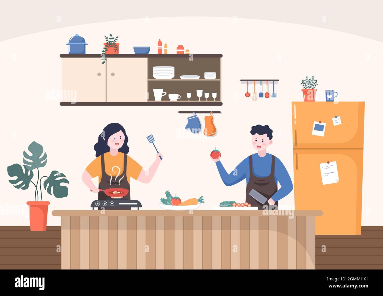 Kitchen Room Background Vector Illustration with Furniture, Equipment ...