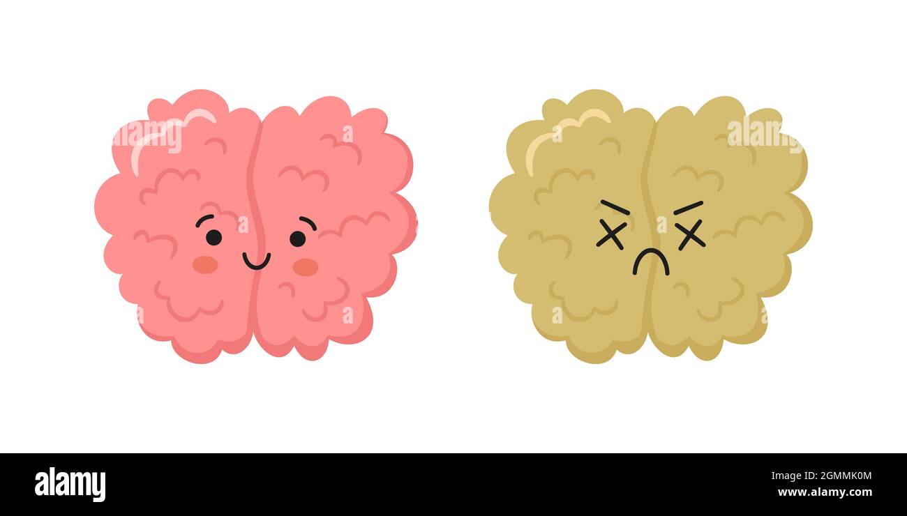 Kawaii happy human brain character and sad crying brain character. Hand ...