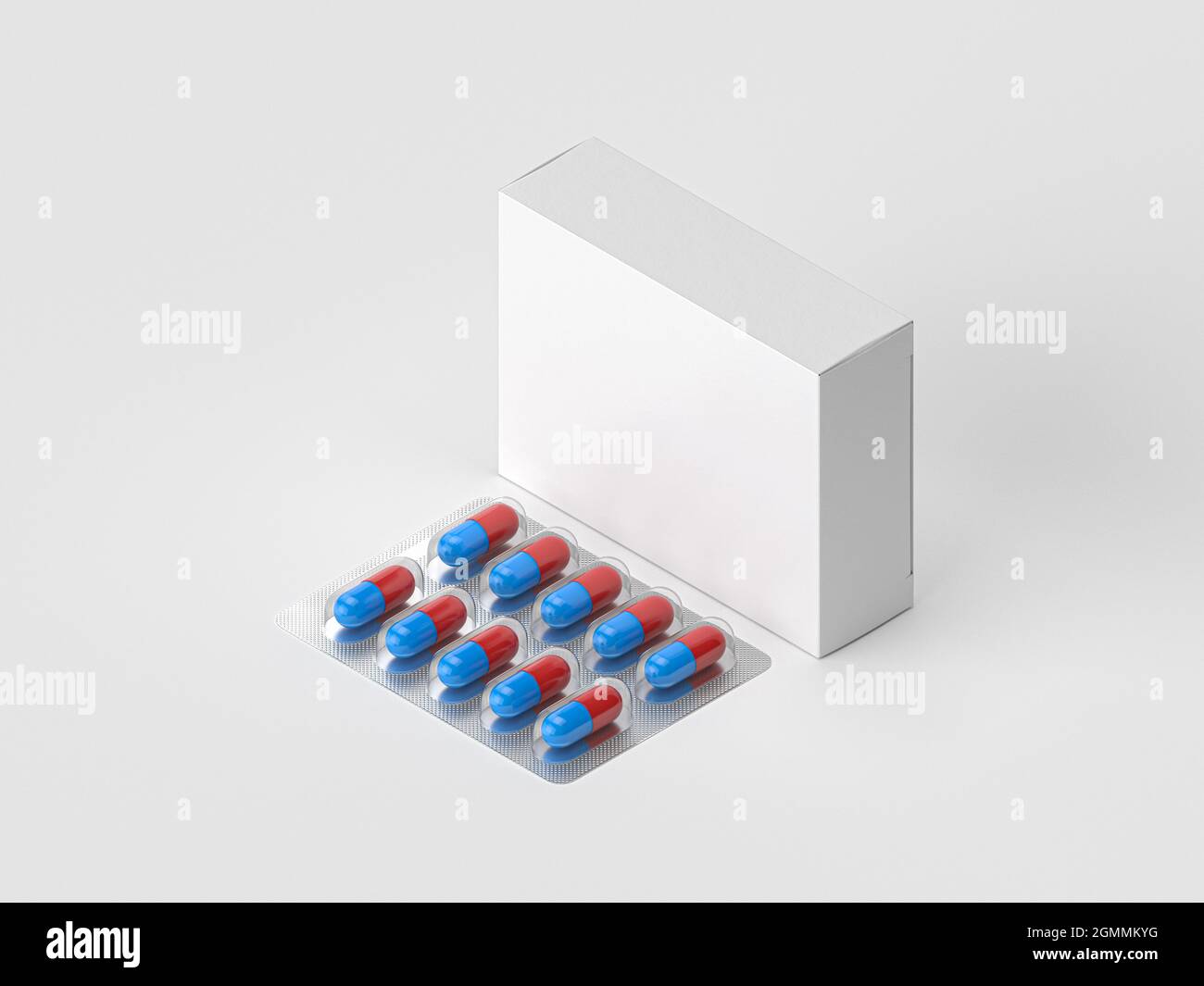 Closeup of blank drug box with pharmaceutical blister pack with ten ...