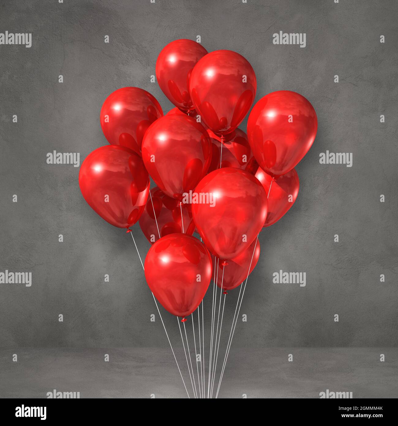 Red balloons bunch on a grey wall background. 3D illustration render ...