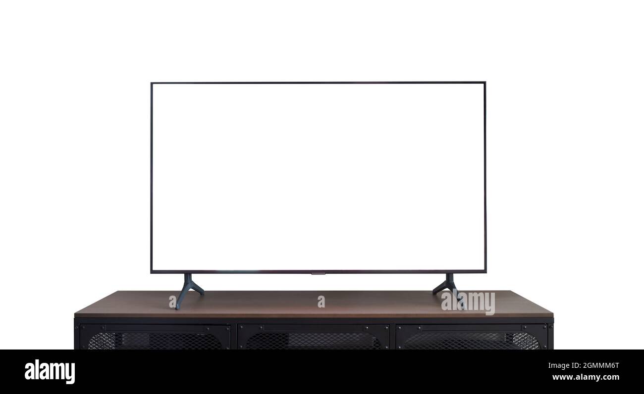 TV led mock up screen. Smart TV on a curbstone in an empty interior ...