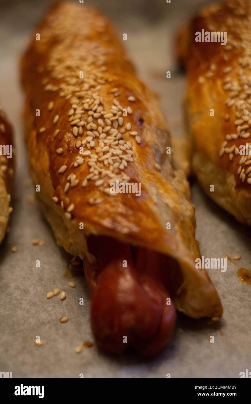 Closeup shot of a puff pastry hot dog Stock Photo - Alamy